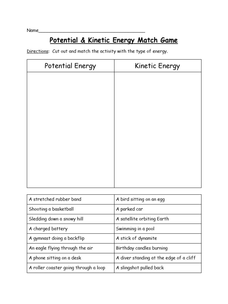 Potential & Kinetic Energy Match Game | PDF