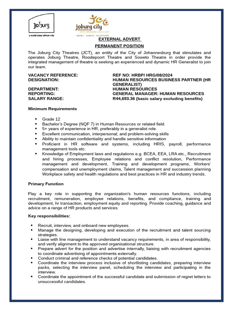 HR Generalist Position at Joburg City Theatres | PDF | Human Resource ...