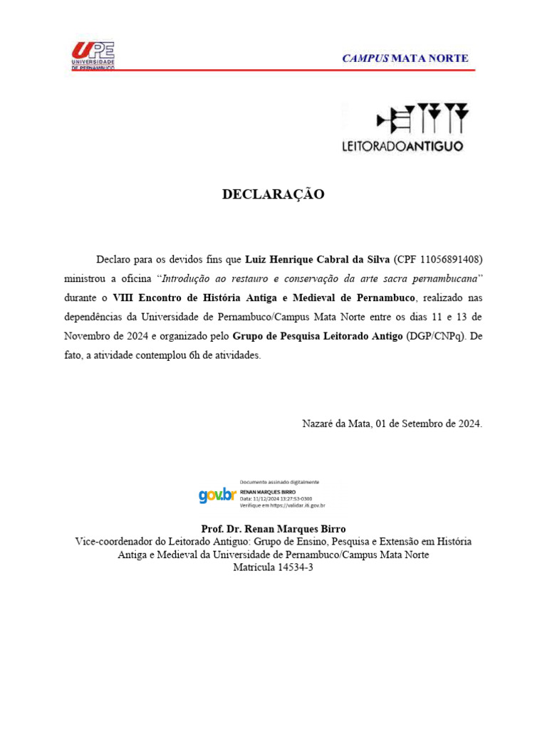 DECLARACAO Luiz Henrique Cabral Da Silva | PDF