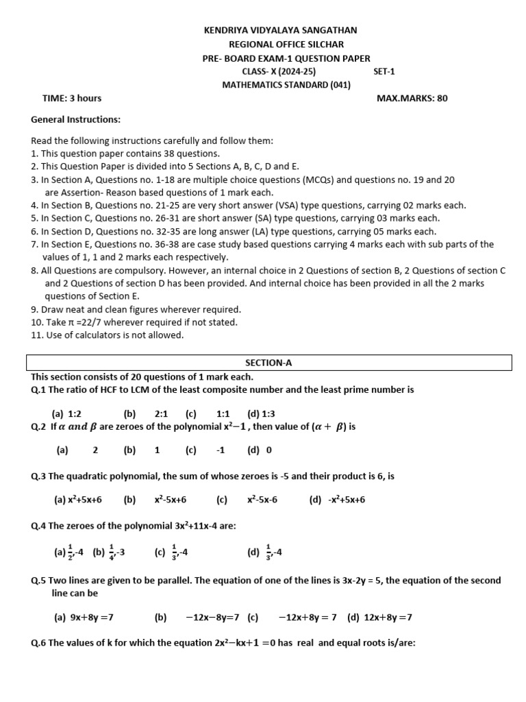 Set 1 Pb-1 Standard Question Paper (2024-25) | PDF | Circle | Zero Of A ...