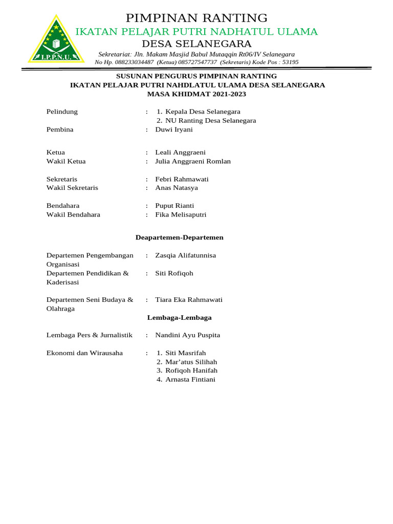 Susunan Pengurus IPNU | PDF
