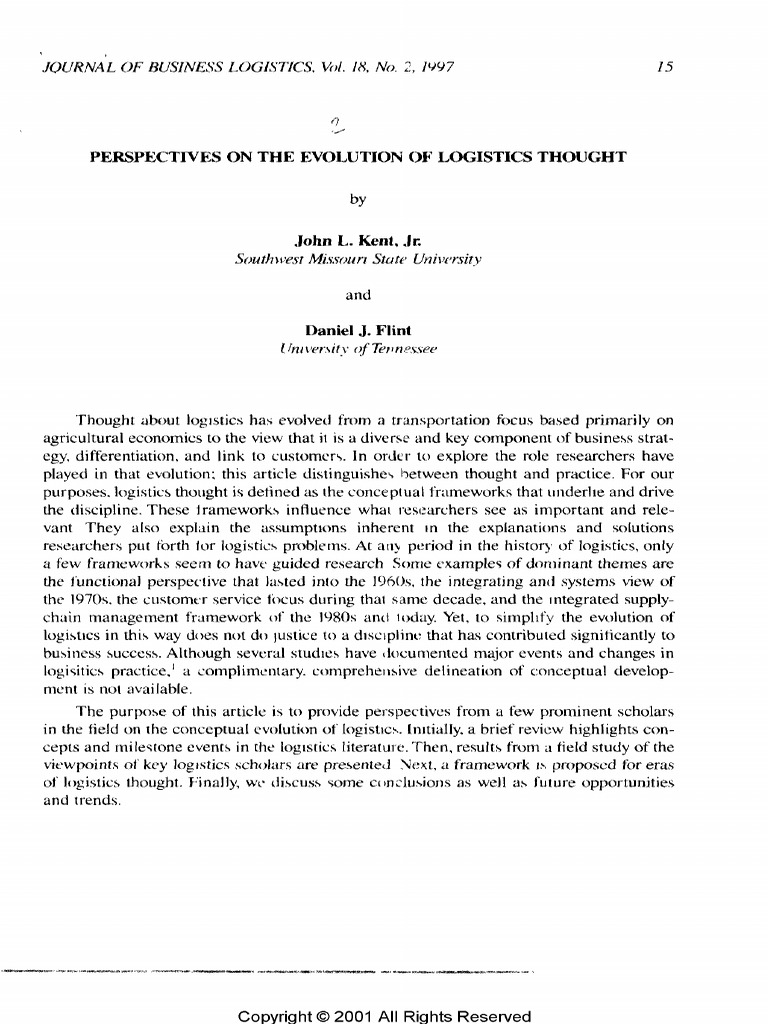 Perspectives On The Evolution of Logistics Thought (Kent & Flint 1997 ...