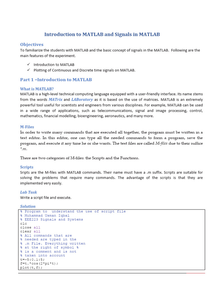 Communications Lablec 1introduction To Matlab And Signals In Matlab Pdf Matrix 7699