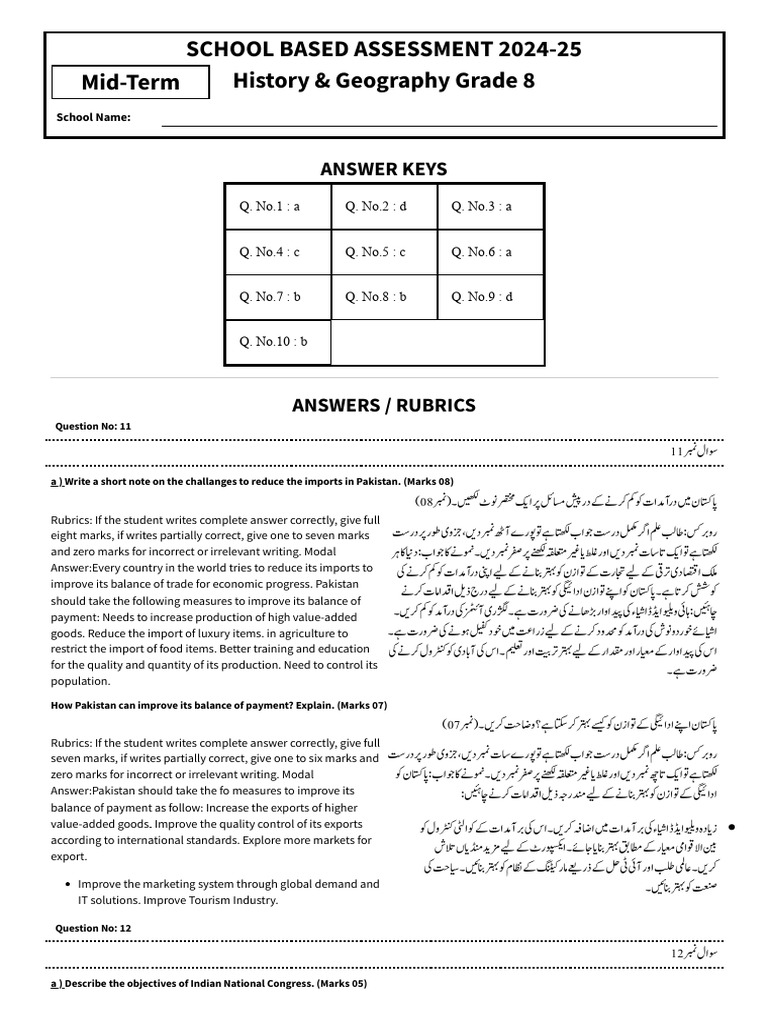 8th Class History Geography Key | PDF