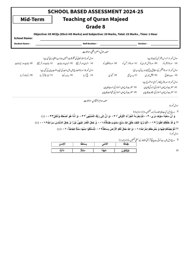 8th Class Teaching of Quran Majeed | PDF