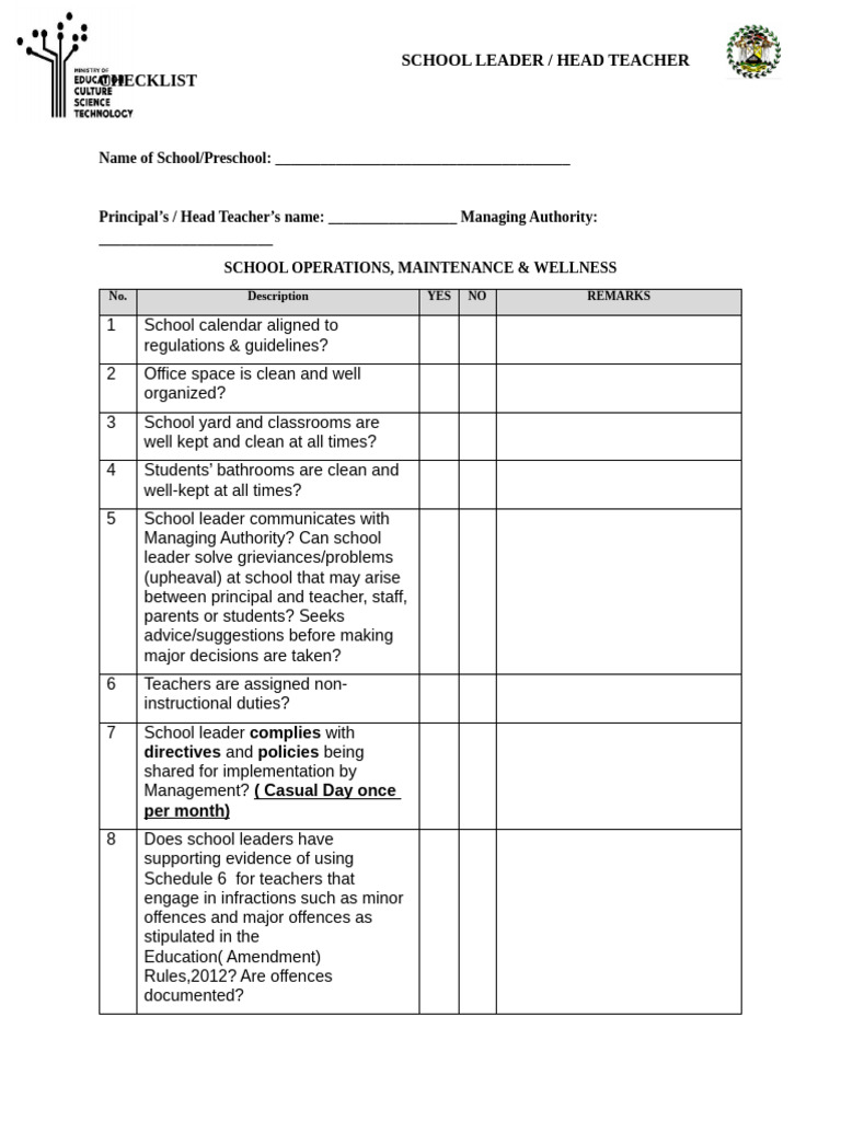 SCHOOL OPERATIONS,MAINTENANCE & WELLNESS CHECKLIST | PDF