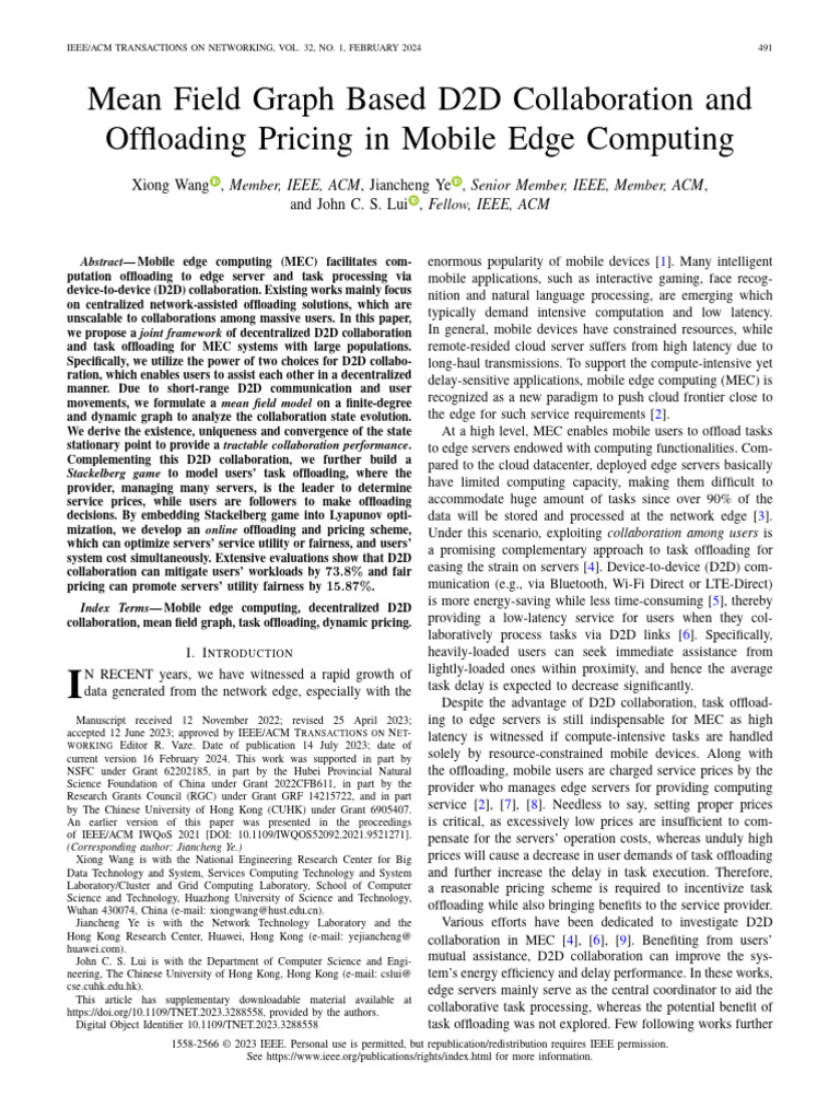 Mean Field Graph Based D2D Collaboration and Offloading Pricing in Mobile Edge Computing | PDF
