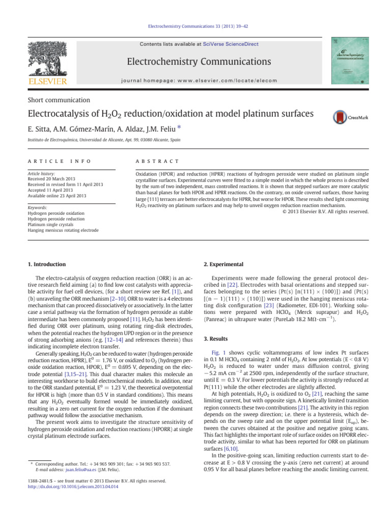Electrocatalysis Of H2o2 Reduction Oxidation At Model Platinum Surfaces