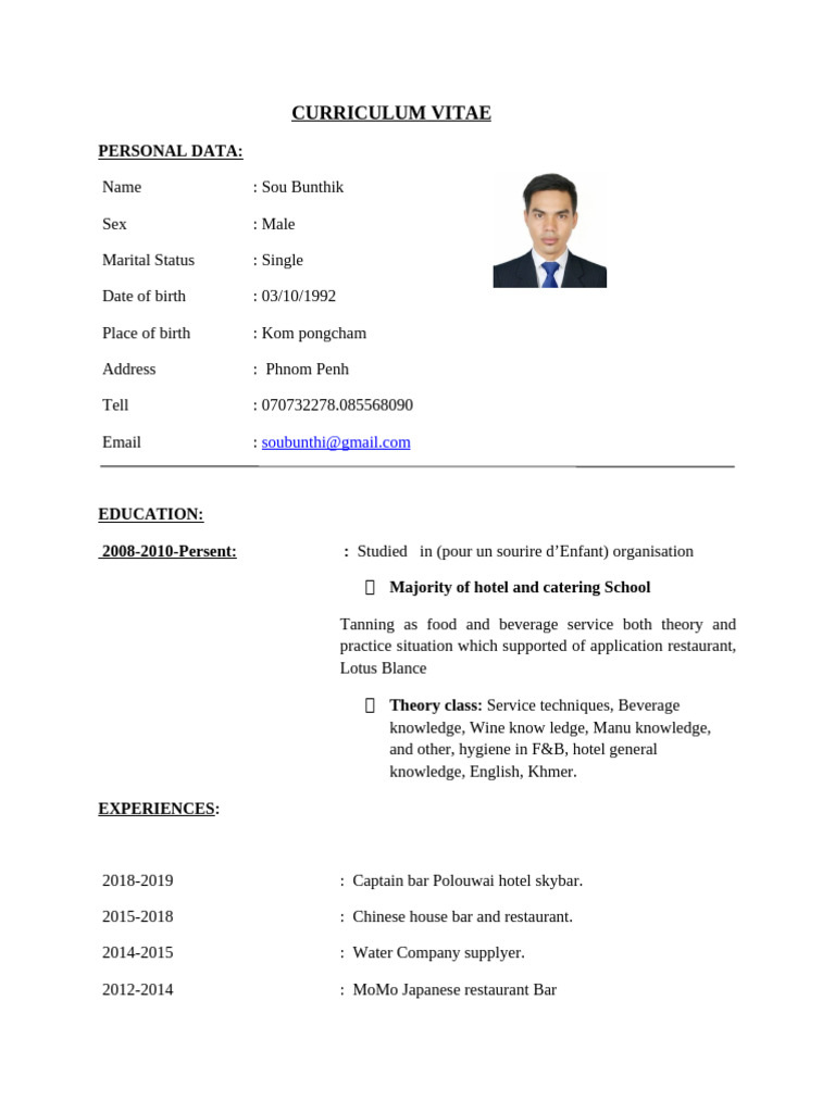 Curriculum Vitae1 Bunthik New1 | PDF | Foodservice | Hospitality Industry