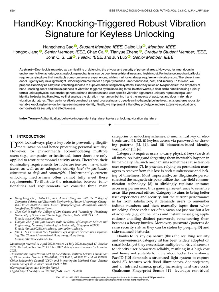 HandKey Knocking-Triggered Robust Vibration Signature For Keyless Unlocking | PDF | Waves | Wavelet