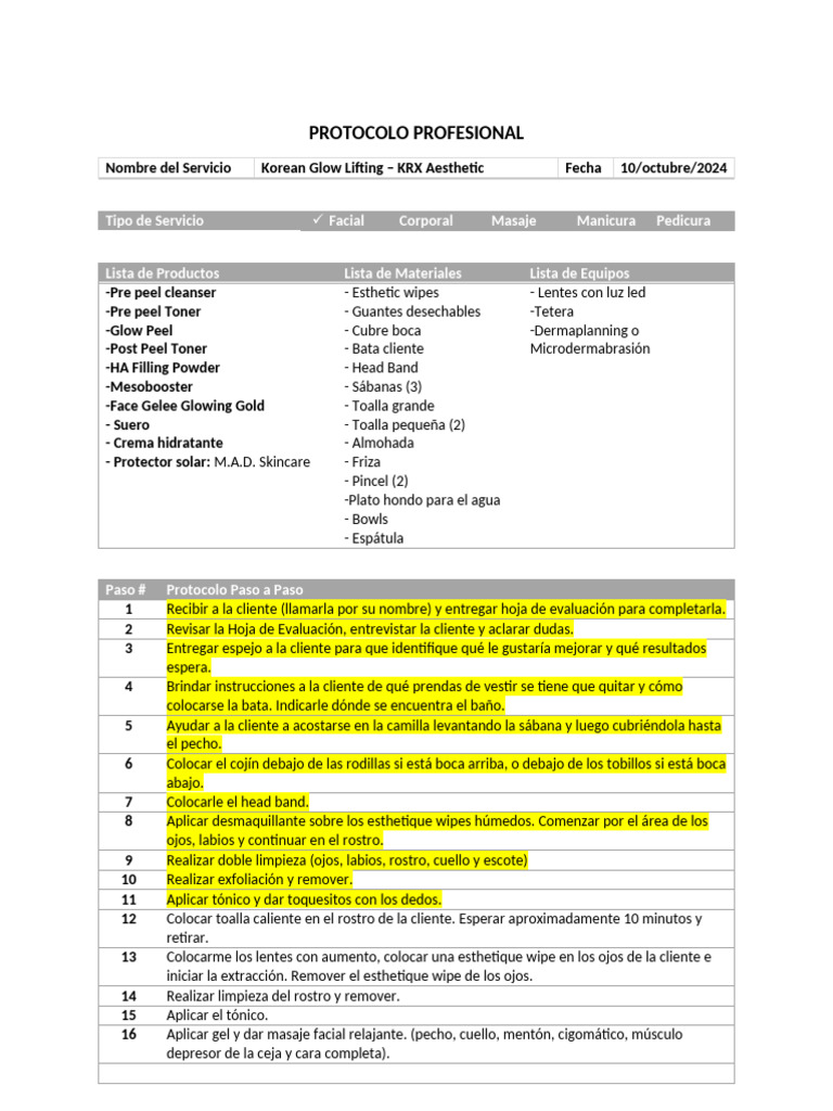 Plantilla Protocolos Profesionales-Korean Glow Lifting | PDF