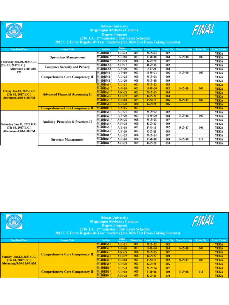 Admas University Exam Schedule | PDF | Business | Business Economics