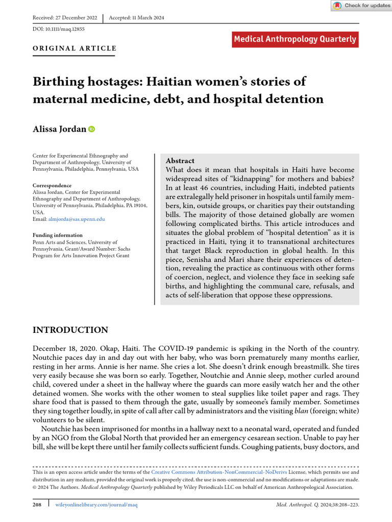 Med Anthropol Q - 2024 - Jordan - Birthing Hostages Haitian Women S ...