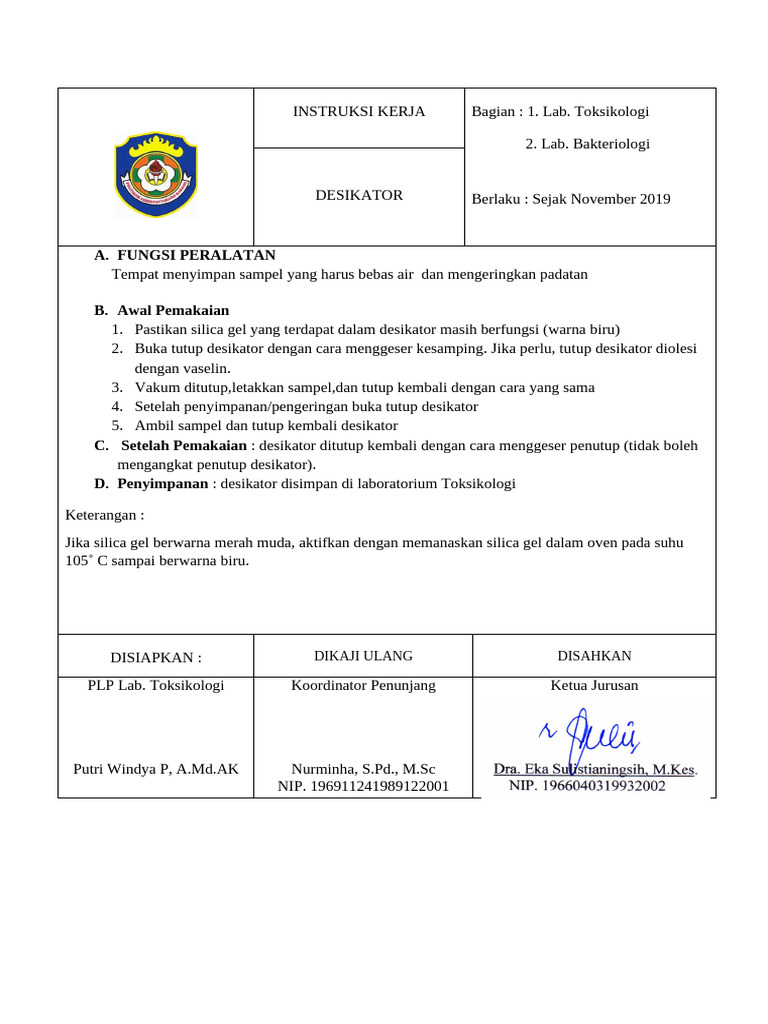 Instruksi Kerja Desikator | PDF
