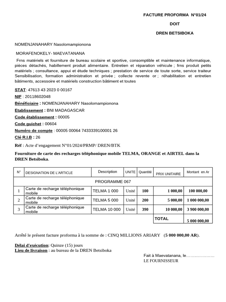 Facture Proforma DREN Betsiboka | PDF | Facture