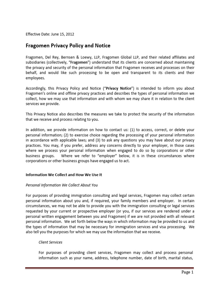 Fragomen Privacy Policy and Notice - Consent Form | PDF | Http Cookie ...