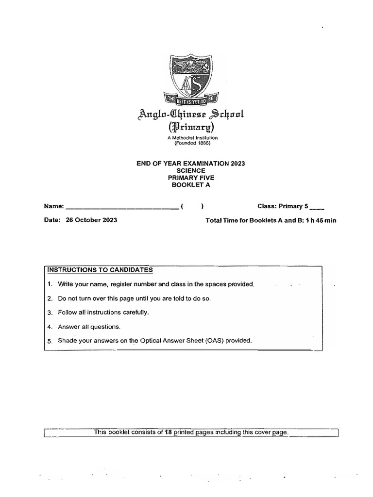 2023 P5 Science EOY Anglo Chinese School (Primary) With Answer | PDF