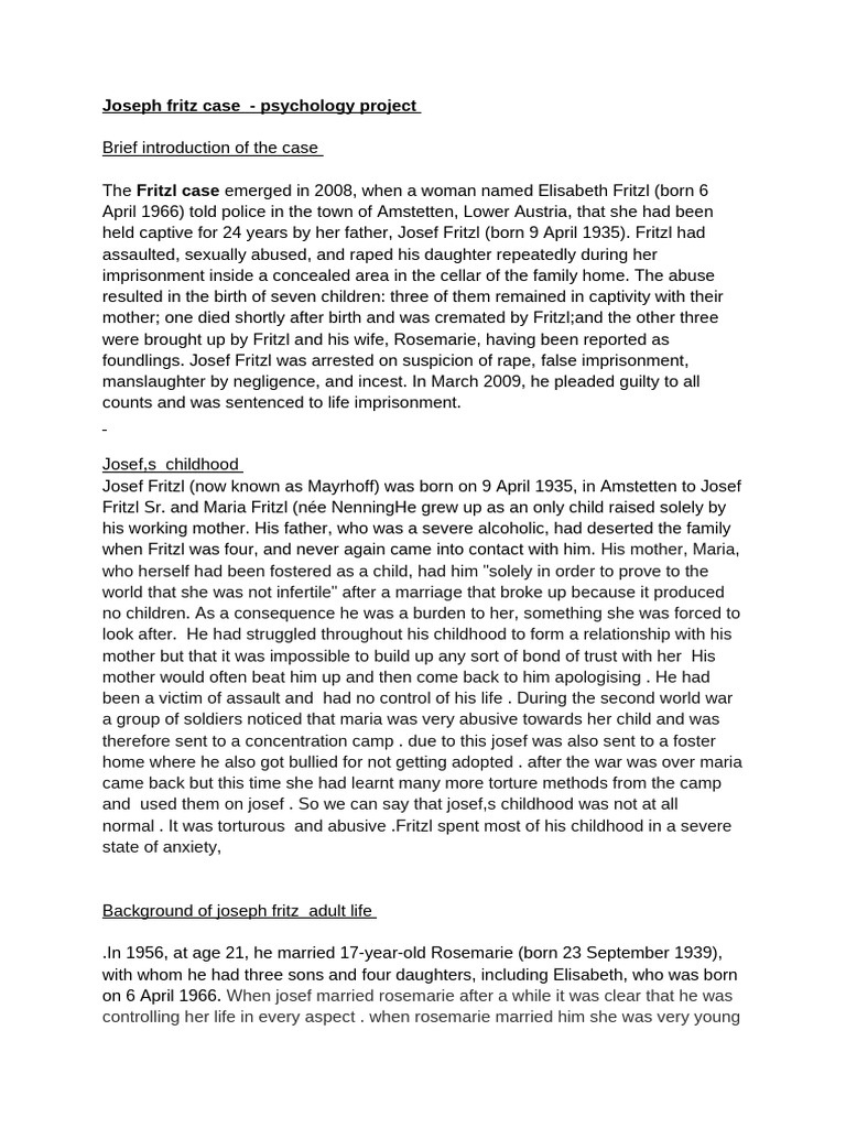Joseph Fritz Case Study - Psychology Project | PDF | Personality Disorder | Mental Disorder