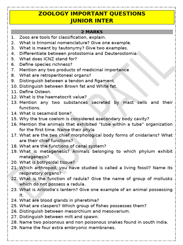 Important Zoology Questions for Juniors | PDF