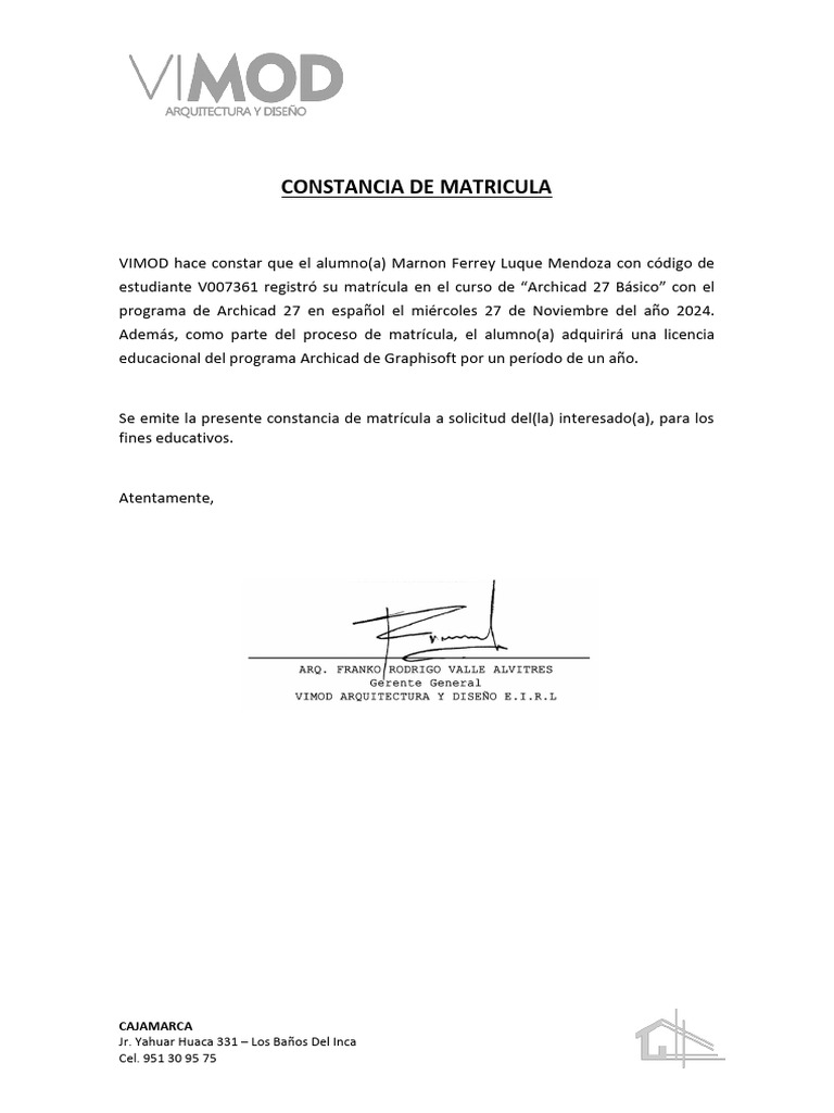 Constancia de Matricula - Marnon Ferrey Luque Mendoza | PDF