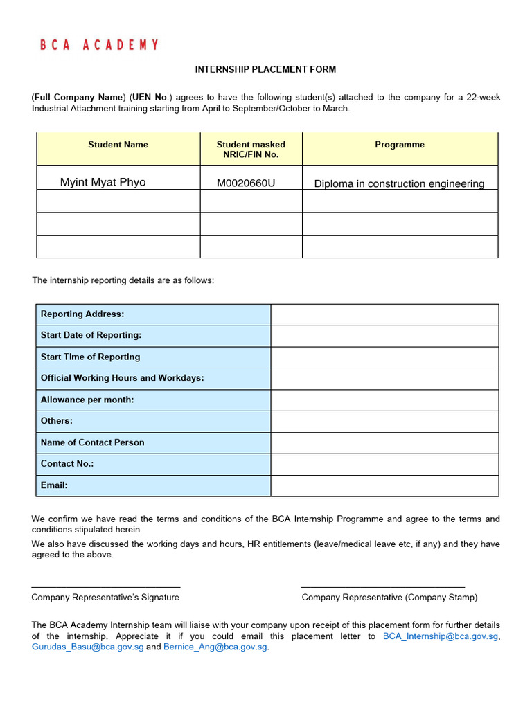 20230724 Internship Placement Form R0 | PDF | Internship | Job Hunting