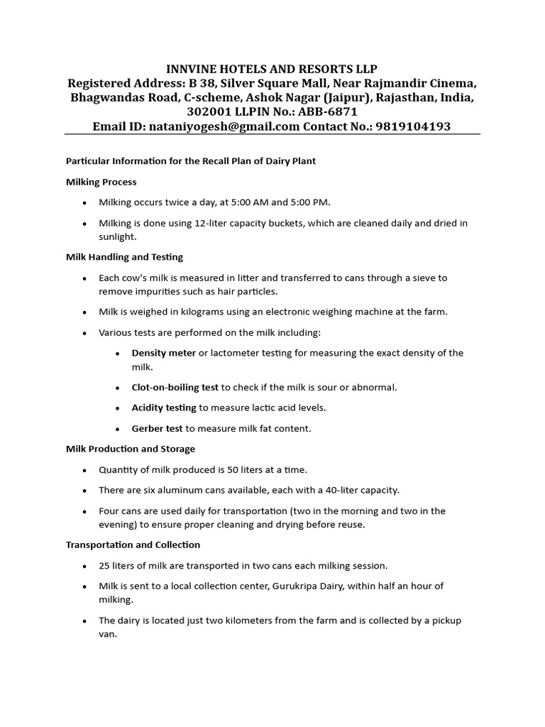 Recall Plan | PDF | Milk | Dairy