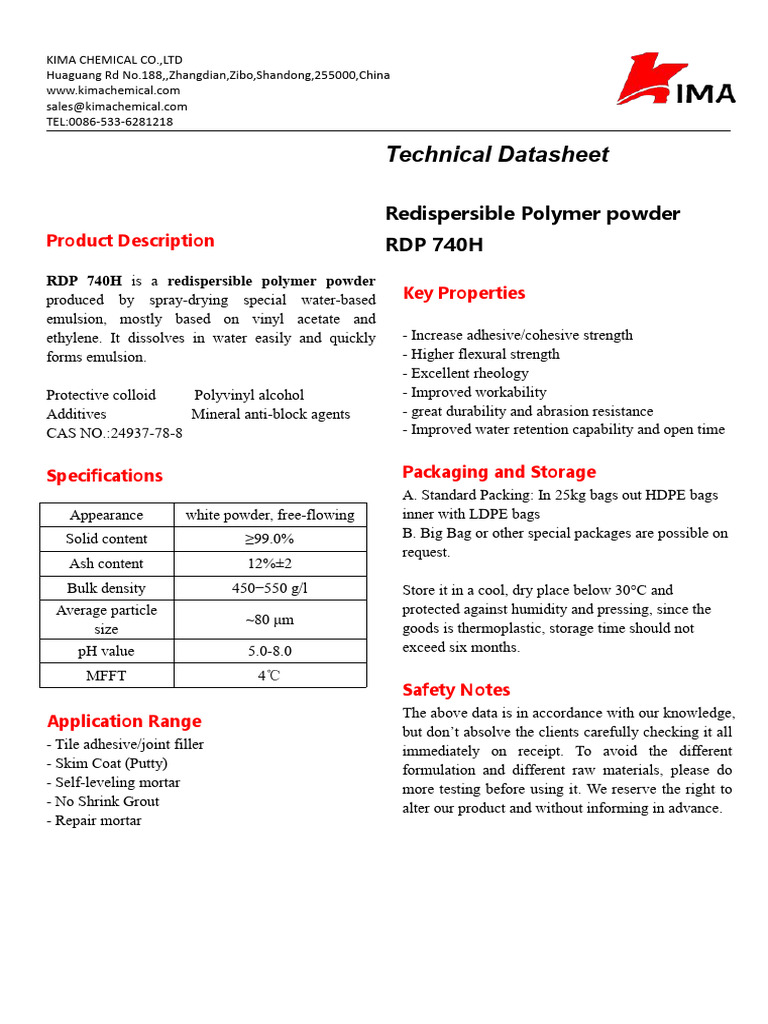 740H TDS of Redispersible Polymer Powder RDP | PDF | Polyvinyl Chloride ...