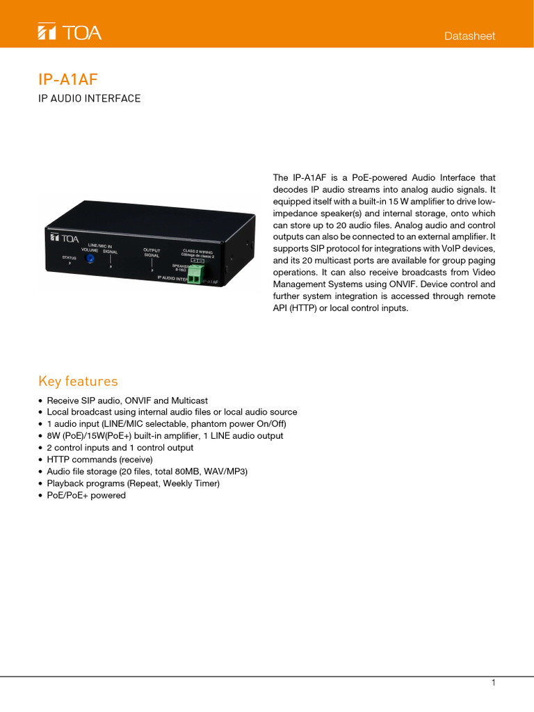 Datasheet Toa Ip-A1af | PDF | Digital Audio | Amplifier