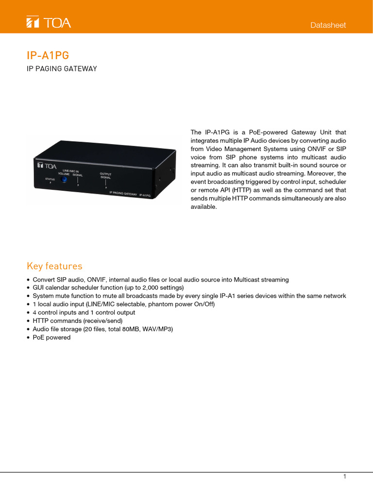 Datasheet Toa Ip-A1pg | PDF | Session Initiation Protocol | Input/Output