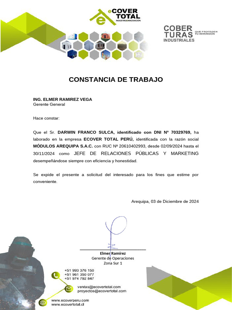 Constancia de Trabajo Ecover | PDF