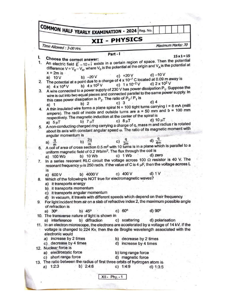 12th Physics Half Yearly Exam 2024 Original Question Paper Trichy District English Medium PDF ...
