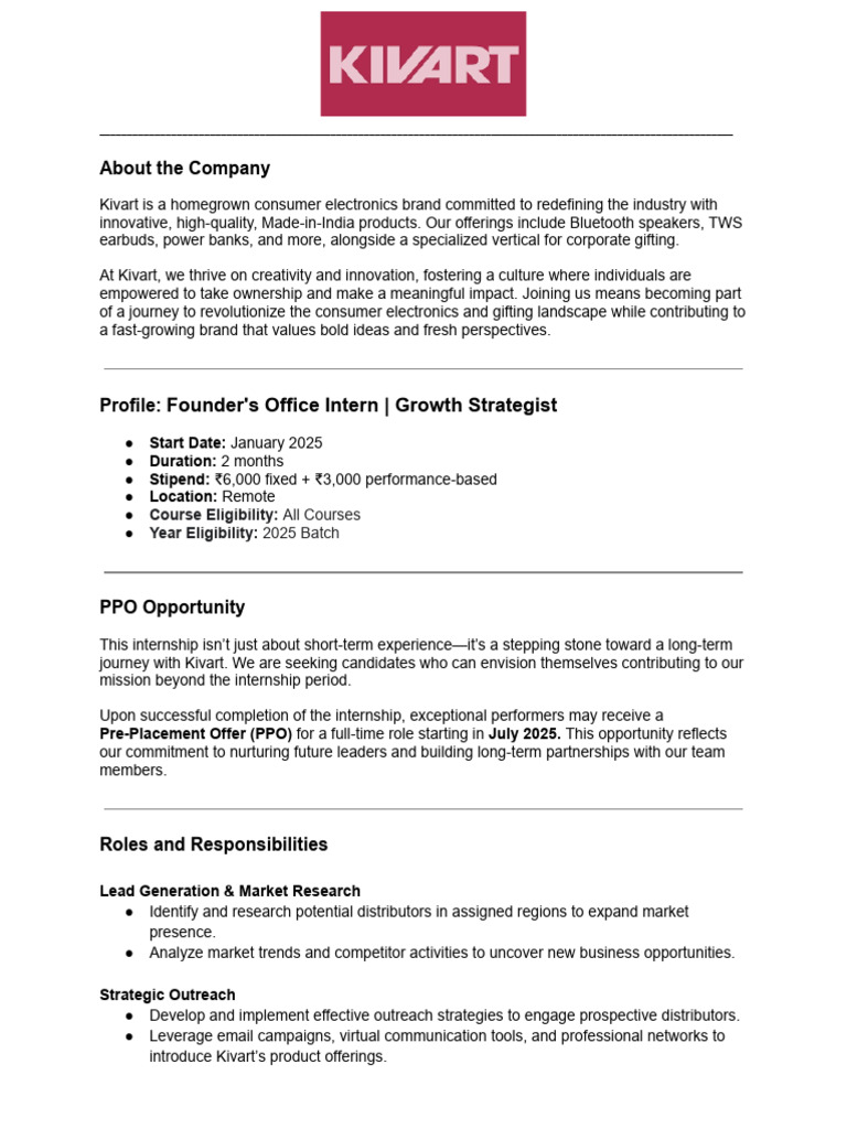 Kivart - Founder's Office Intern - Growth Strategist - Job Description ...
