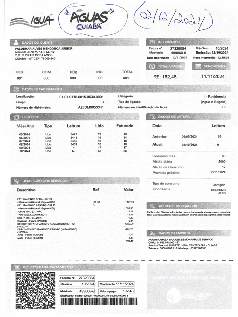 Fatura Aguas 23 10 2024 Comprovante | PDF