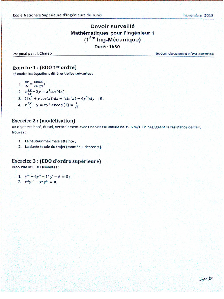 Ds Maths 1 Pour l'Ingénieur Génie Mécanique Novembre 2013 | PDF