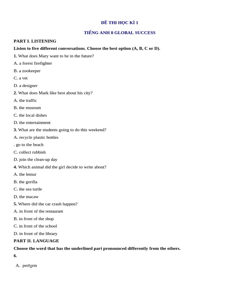 De Thi Hoc Ki 1 Tieng Anh 8 Global Success de So 7 1734495757 | PDF | Climate Change | Natural ...