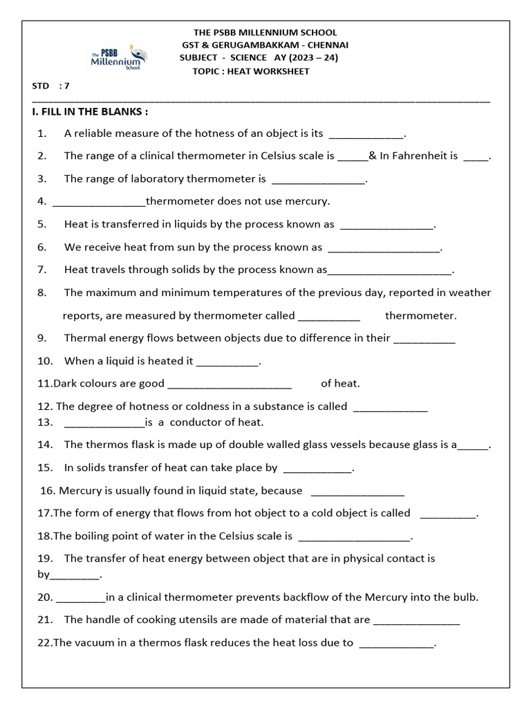 Grade 7 Heat and Temperature Worksheet | PDF | Thermometer | Heat Transfer