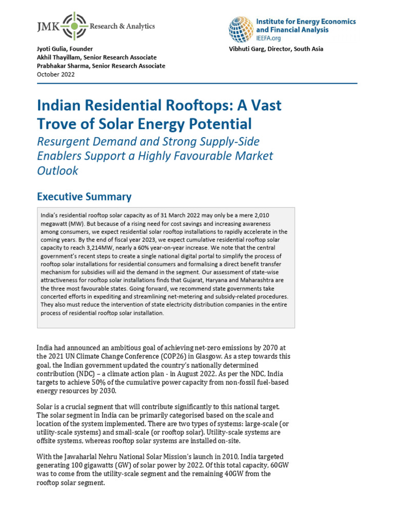 Indian Residential Rooftops A Vast Trove Of Solar Energy Potential Oct2022 Pdf Solar Power