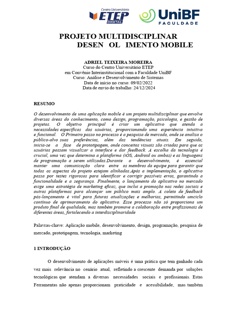 Modelo de Projeto Multidisciplinar (2) | PDF | Aplicativo para celular | Agricultura