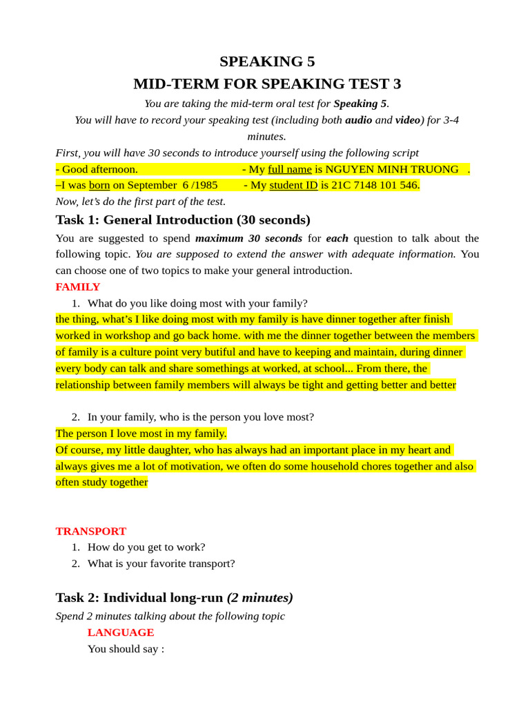 Speaking 5 - Mid-Term Test 3 | PDF | Cognition | Human Communication