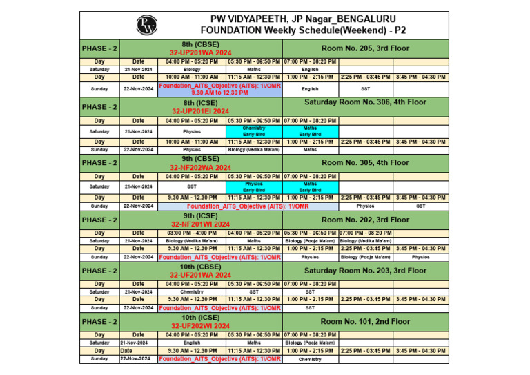 PW Vidyapeeth Weekend Schedule | PDF