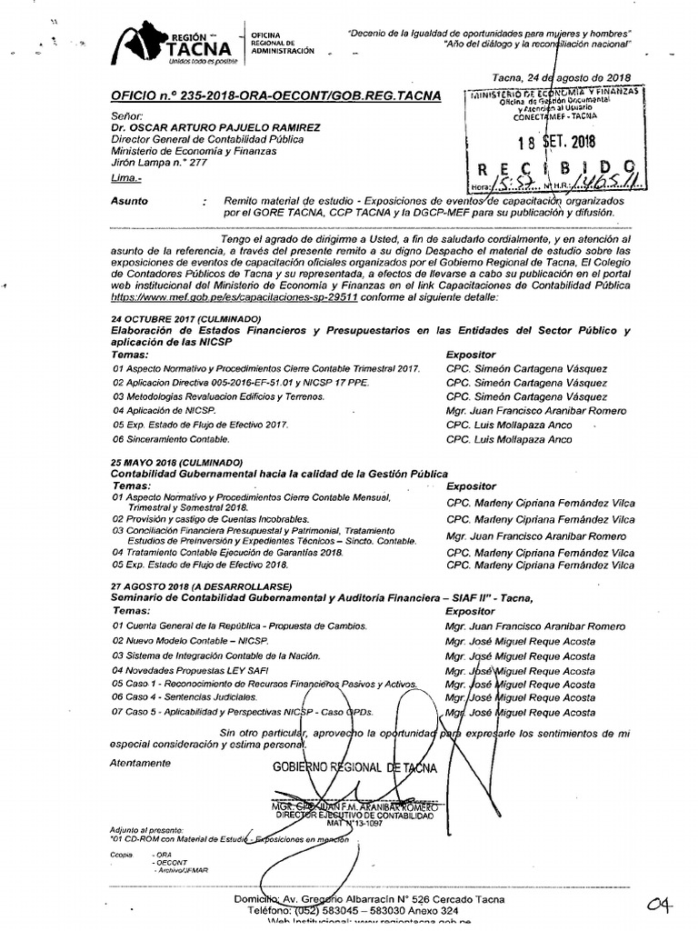 Oficio 235-2018-0RA-OECOHT/GOB - REG. Tacha: Ministerio de Economía y ...
