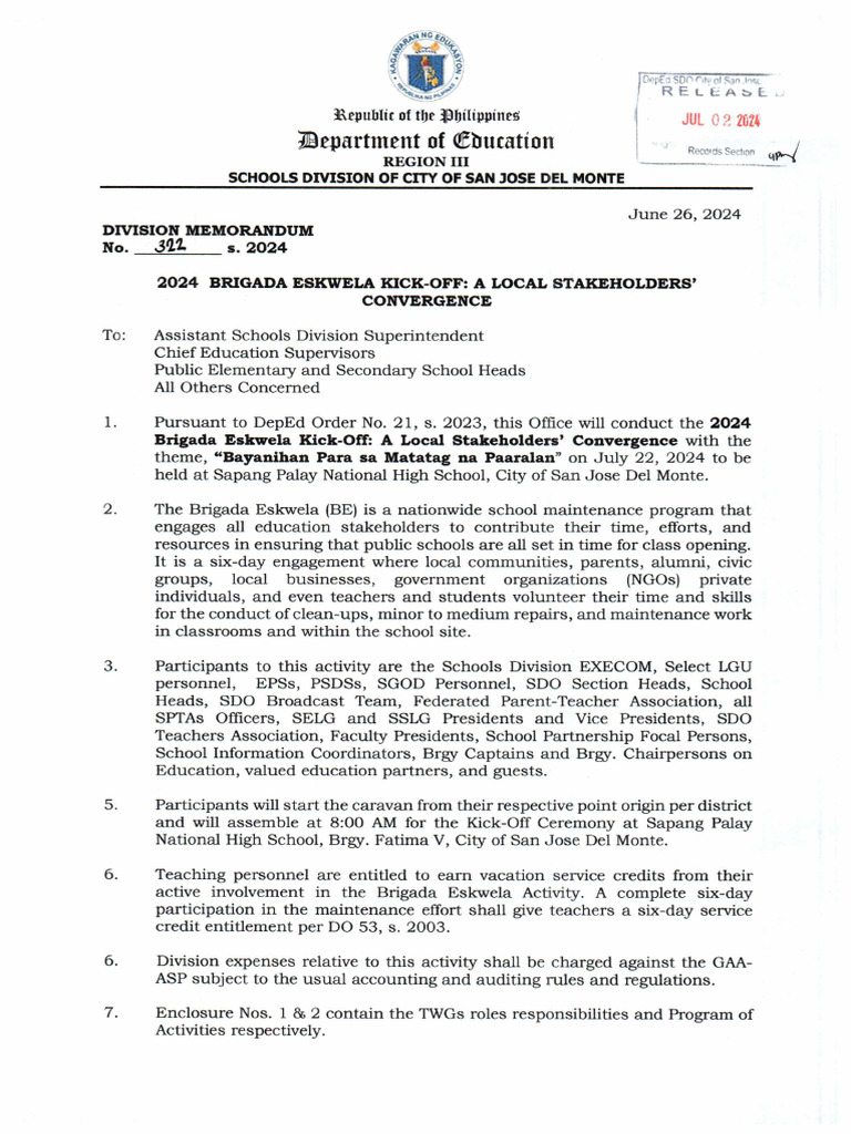 DM No. 322, s.2024 - 2024 Brigada Eskwela Kick-Off - A Local Stakeholders' Convergence | PDF