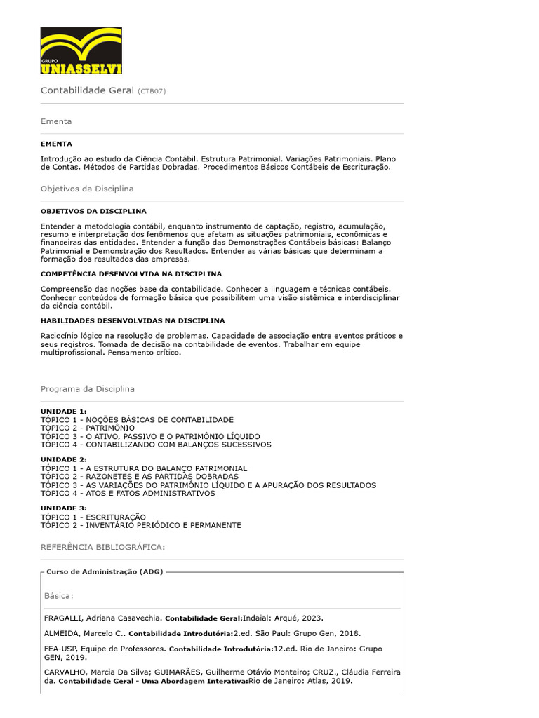 Ementa da Disciplina_ Contabilidade Geral [CTB07] - UNIASSELVI | PDF | Contabilidade | Balancete