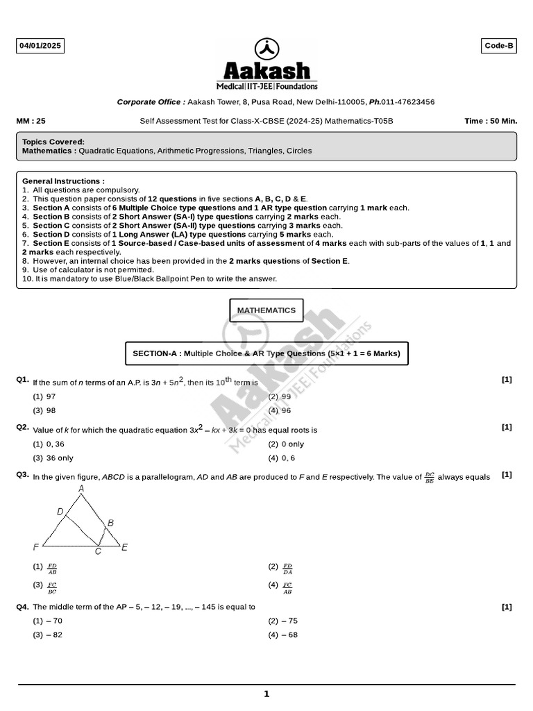 Self Assessment Test-5B (CBSE) Mathematics (C-10) (04!01!2025) | PDF