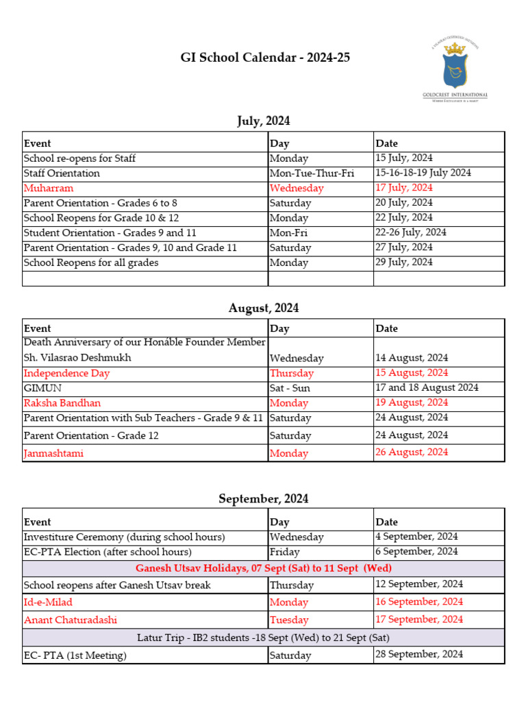 GI School Calendar 2024-25 | PDF | Religious Holidays | Observances