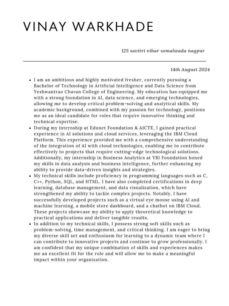 Vinay Warkhade _ Cover_letter | PDF