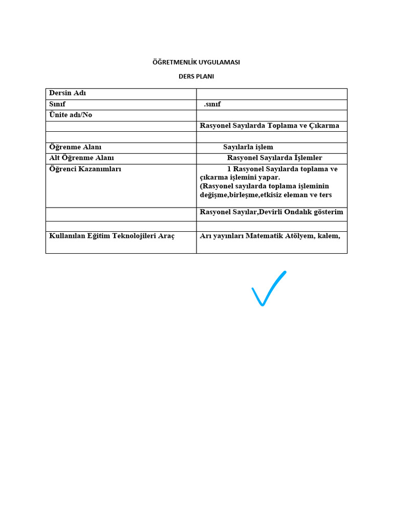 Edited - HASAN SÖĞÜT DERS PLANI SALI GÜNÜ STAJ Rasyonel Sayılar işlemPDF | PDF