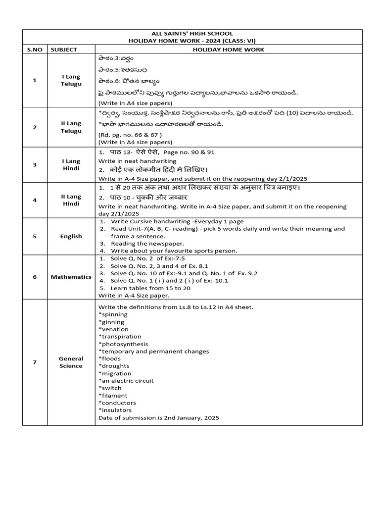 Class 6 - HHW - Christmas Vacation 2024 | PDF