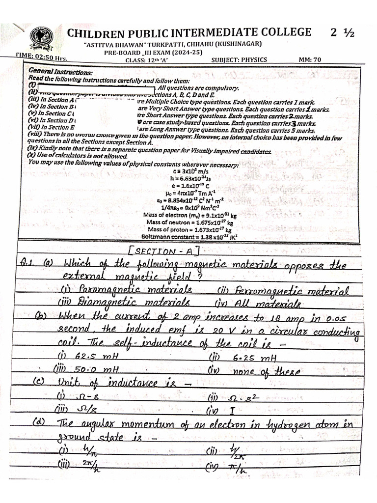 Class 12th (A) Phy. 24 Dec 2024 9-28 Am | PDF