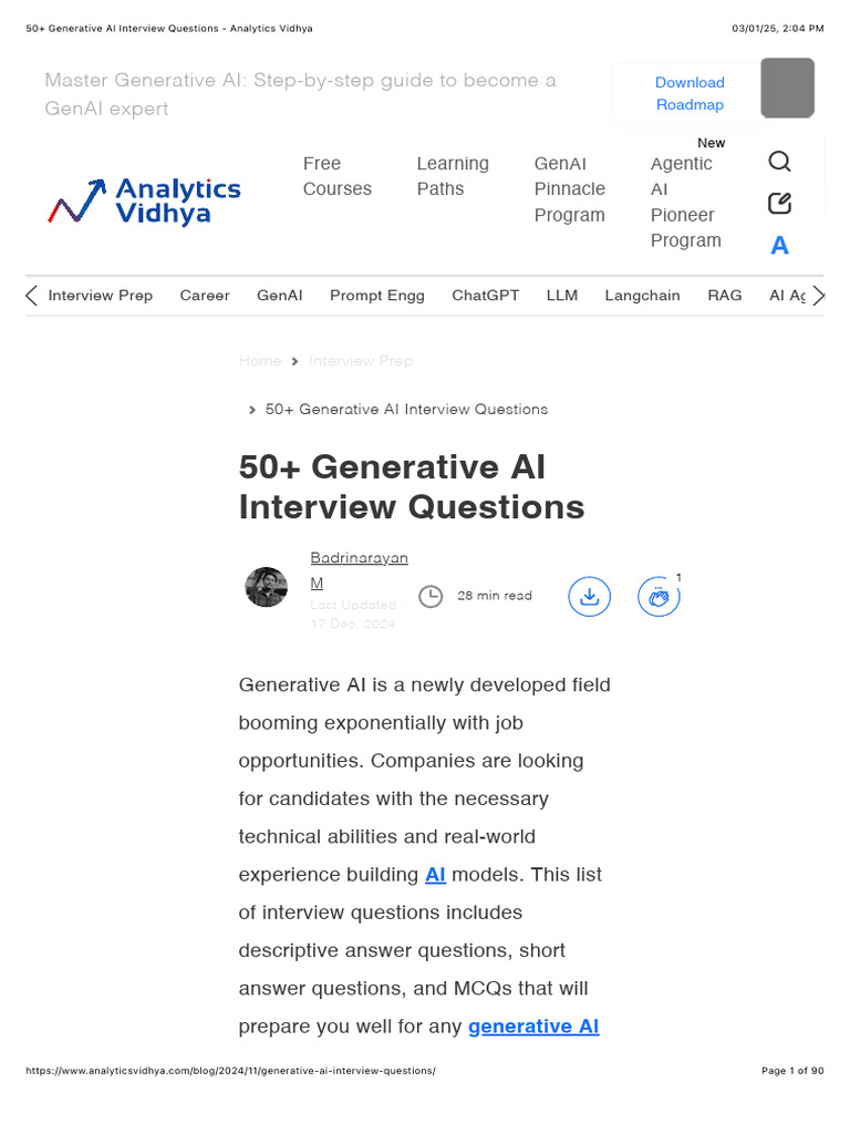 50+ Generative AI Interview Questions - Analytics Vidhya | PDF ... 50+ Generative AI Interview Questions - Analytics Vidhya | PDF ...